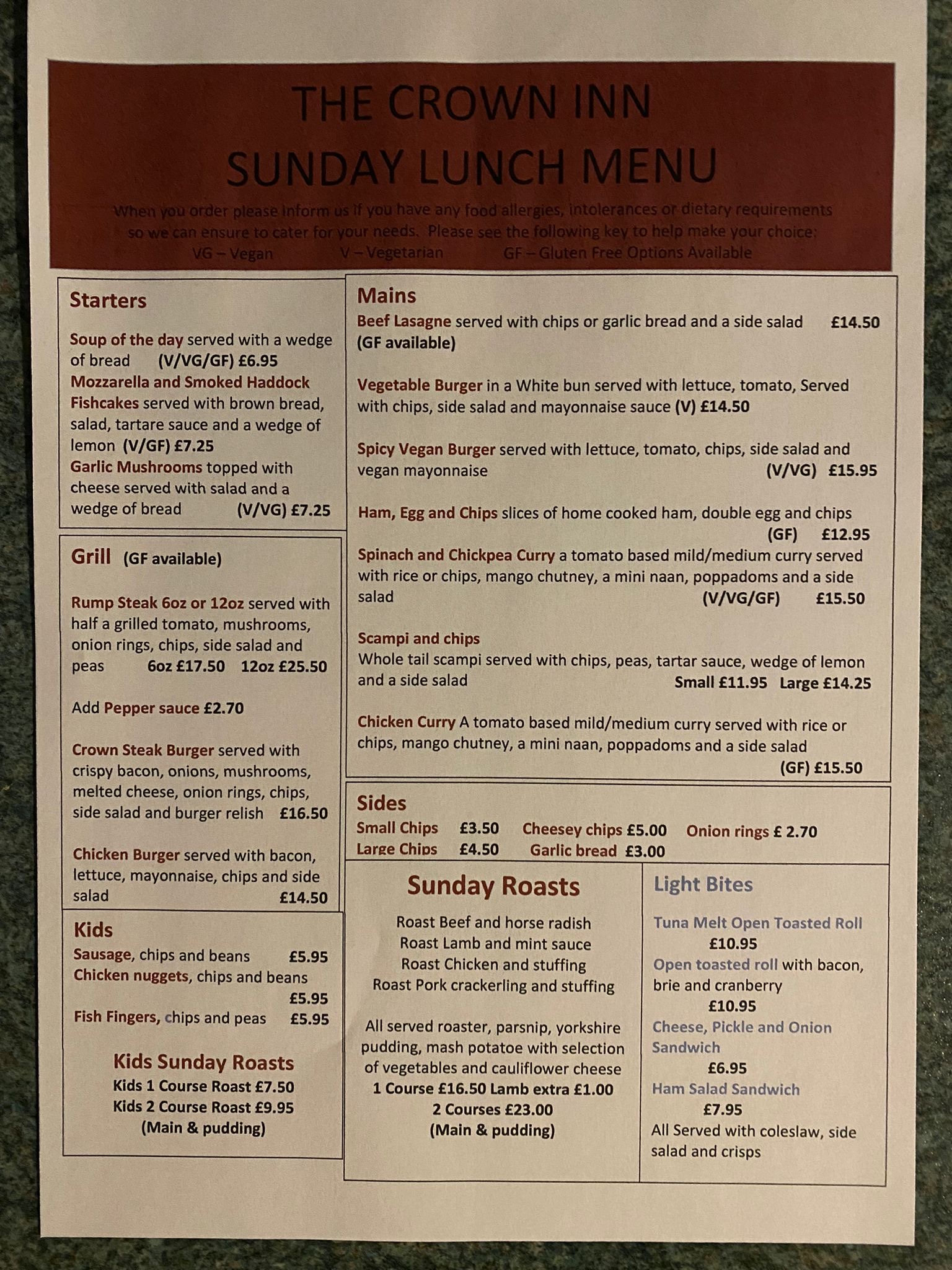 Menu – THE CROWN INN LONGTOWN